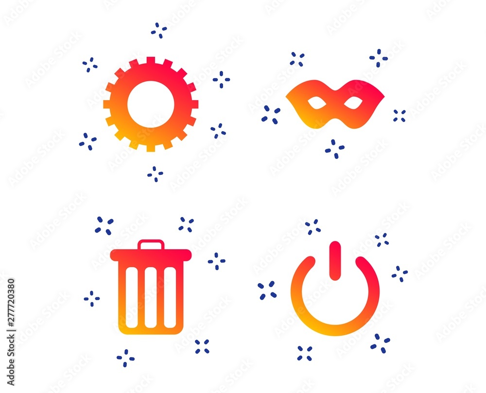 Anonymous mask and cogwheel gear icons. Recycle bin delete and power ...