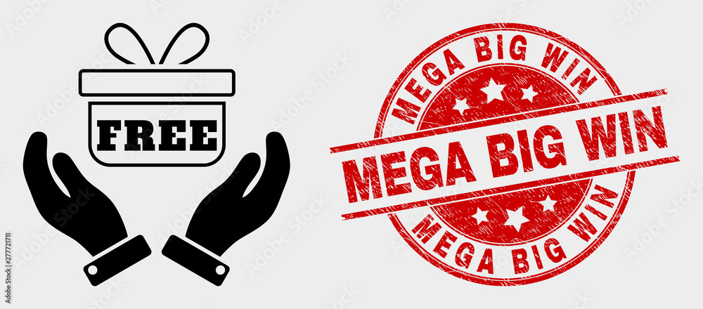 Vector hands give gift pictogram and Mega Big Win stamp. Red rounded ...