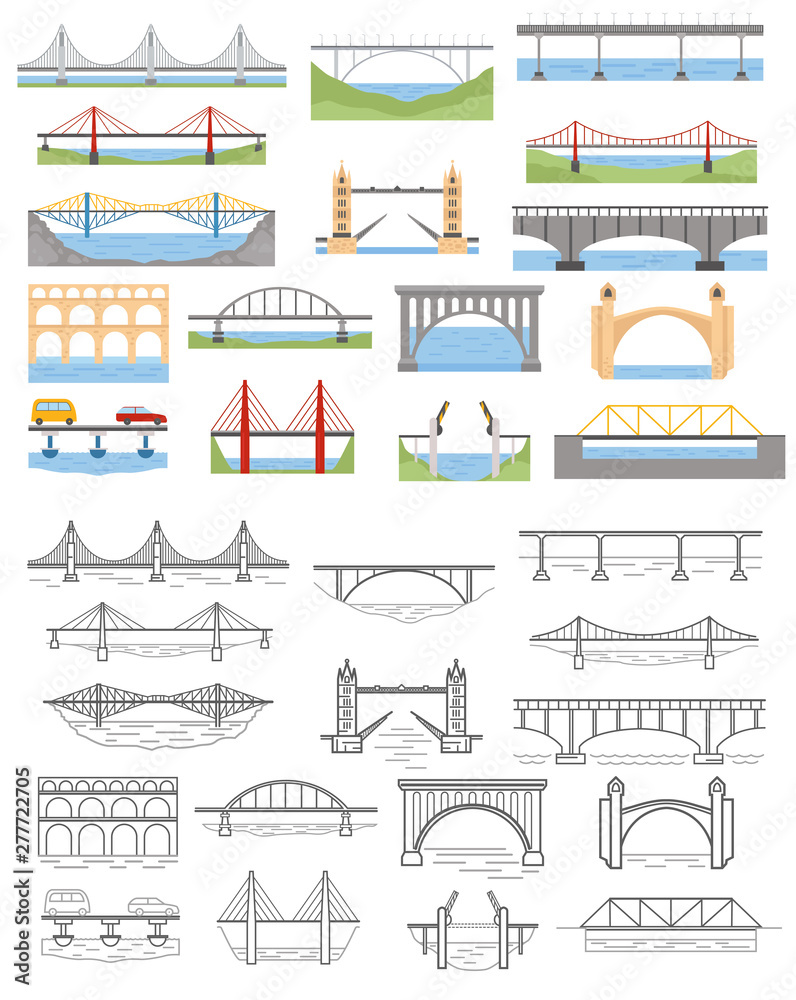 Types of bridges set. Color and linear graphic design, infographic ...