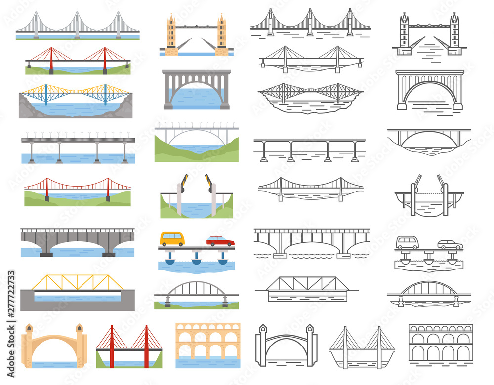Types of bridges set. Color and linear graphic design, infographic ...