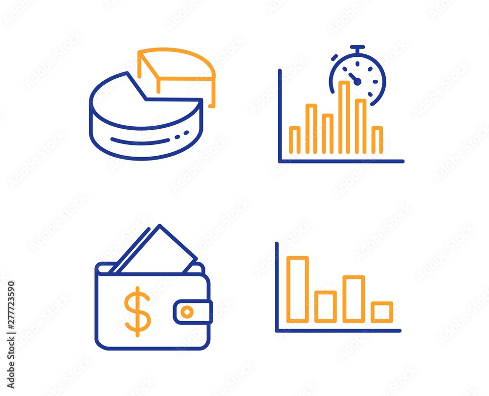 Wallet, Pie chart and Report timer icons simple set. Histogram sign ...
