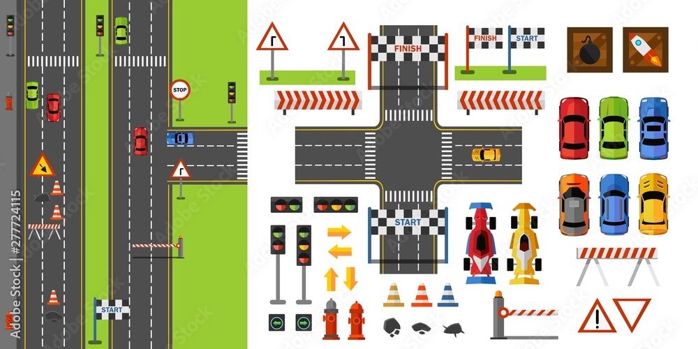 City roads and traffic top view with road signs, transport and racing ...