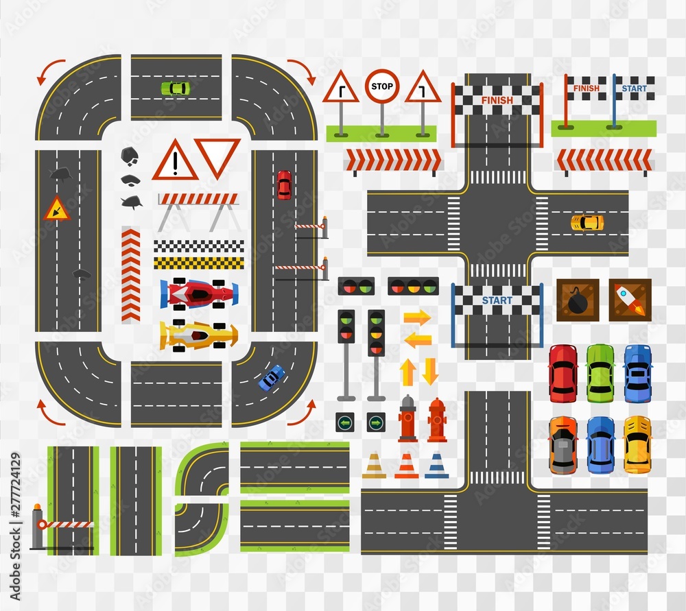 Racing game asset in flat style. Top view of roads, cards, signs. Road ...