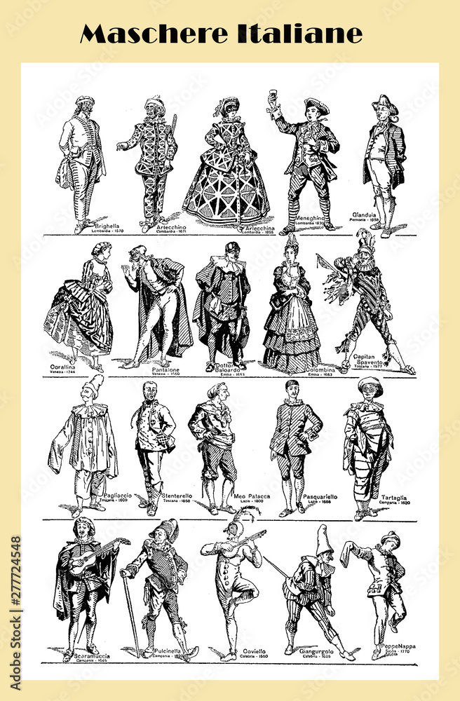 Poster Vintage black and white table: Italian Commedia dell'Arte ...