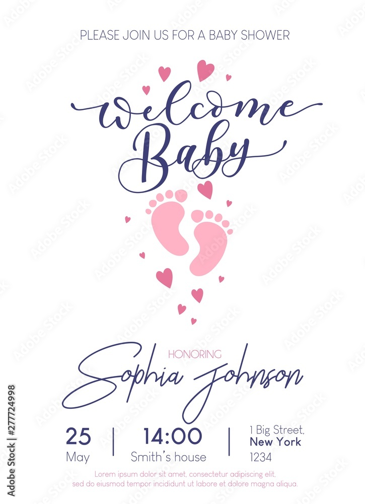 Welcome Baby cute card invitation with lettering and baby footprints ...