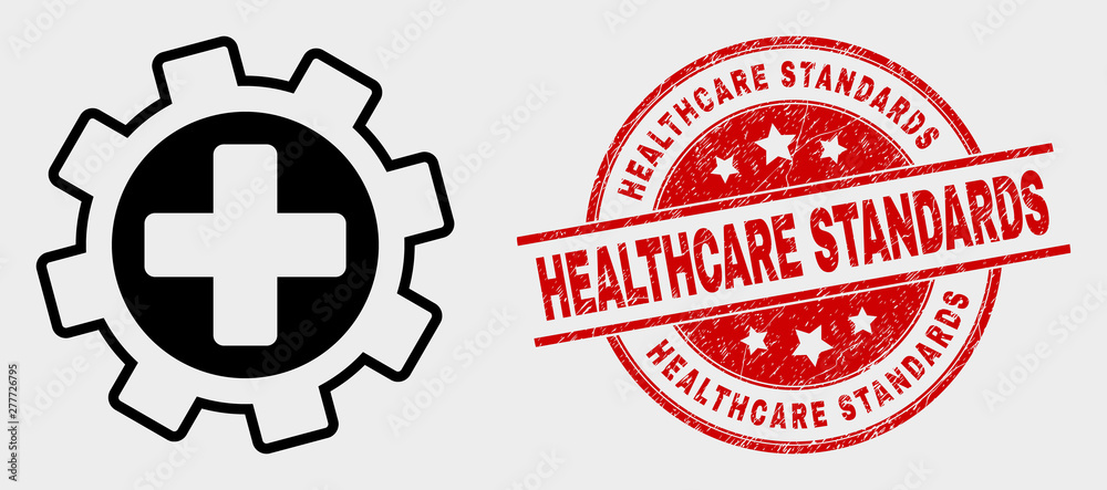 Vector medical service gear icon and Healthcare Standards seal. Red ...