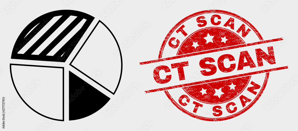 Vector pie chart pictogram and Ct Scan seal stamp. Red rounded textured ...