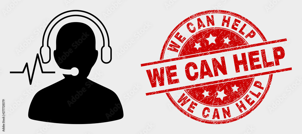 Vector operator signal pictogram and We Can Help seal. Red rounded ...