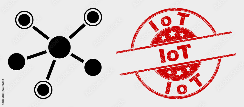 Vector connections icon and Iot stamp. Red rounded textured stamp with ...