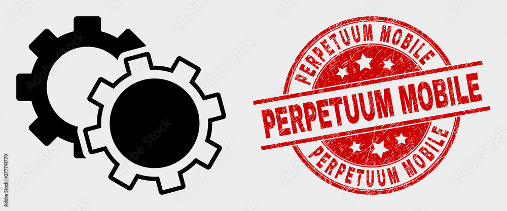 Vector cogs pictogram and Perpetuum Mobile seal stamp. Red round ...