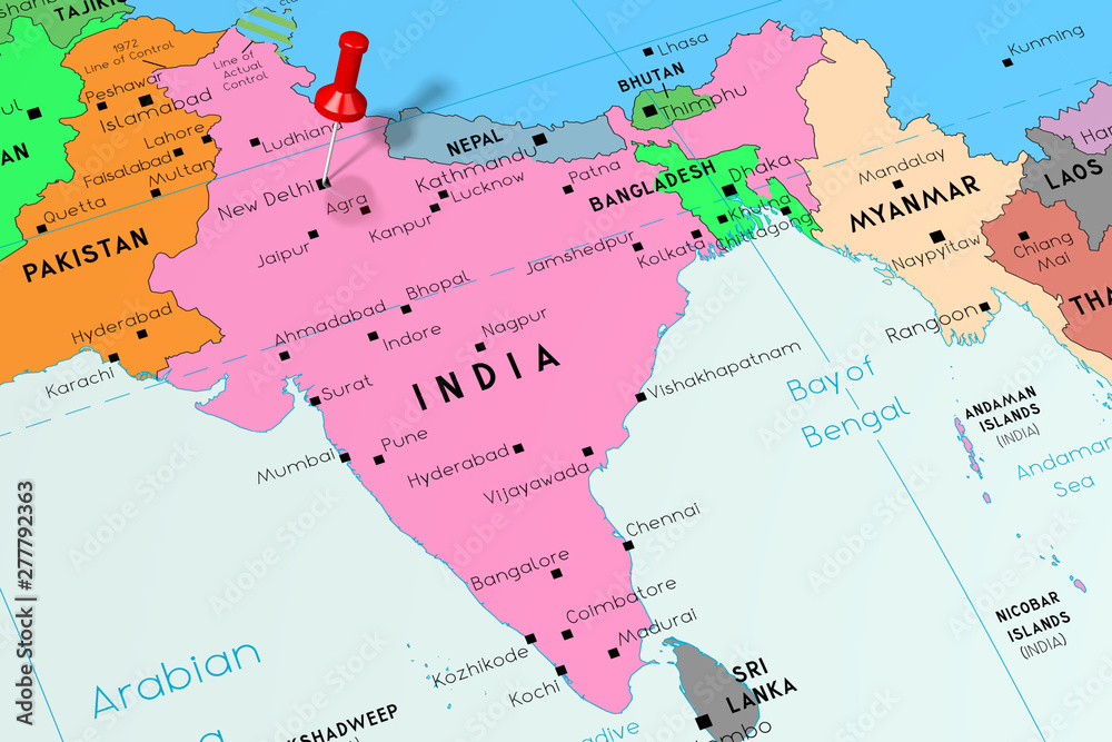 India, New Delhi - capital city, pinned on political map Stock ...