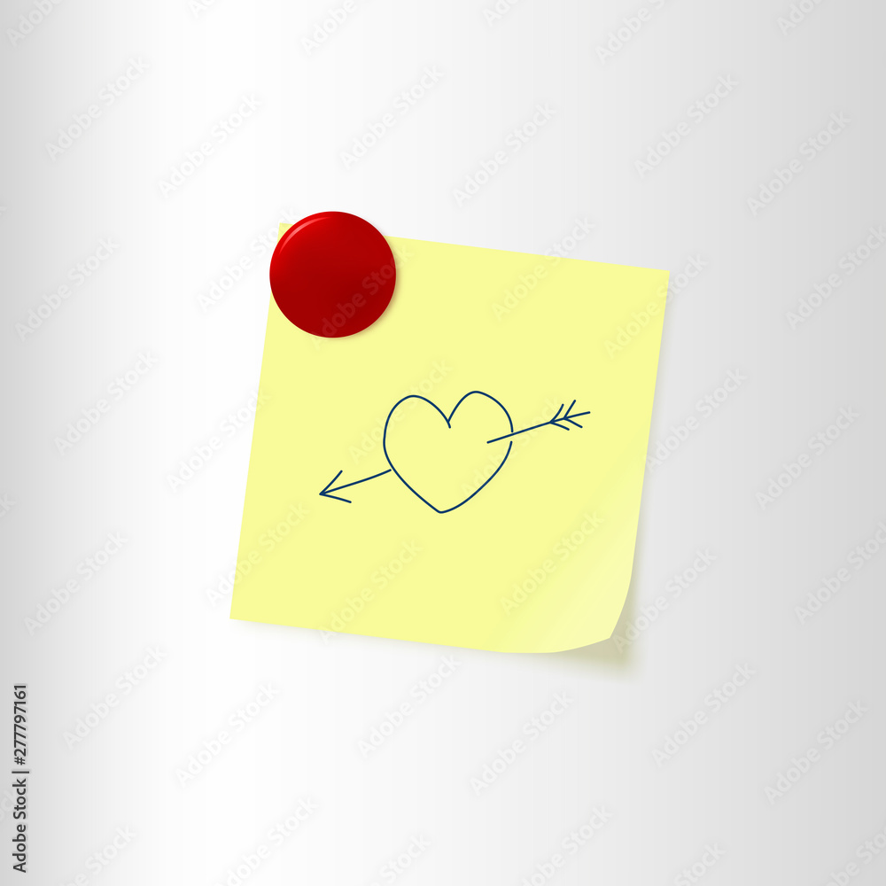 Vector illustration of note paper with Cupid's heart sign and magnet on ...