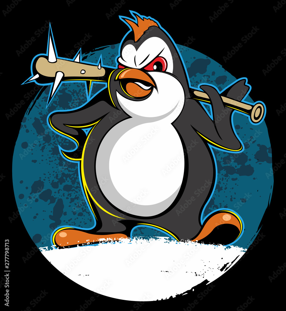 Cartoon style grumpy angry penguin with the baseball bat, winter vector ...