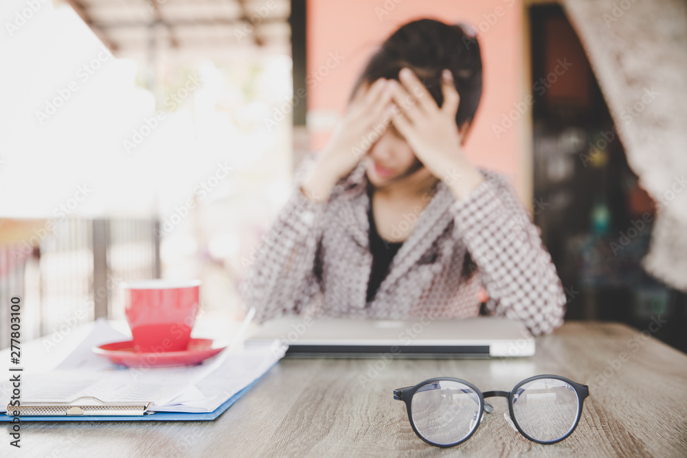 Stressed frustrated young woman employee feeling pain unwell dizzy ...