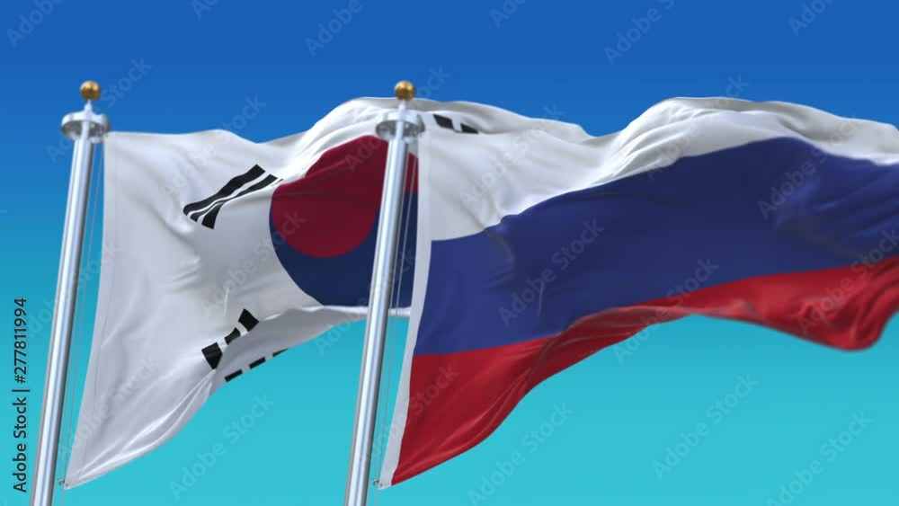 4k Seamless Republic of Korea and Russia Flags with blue sky background ...
