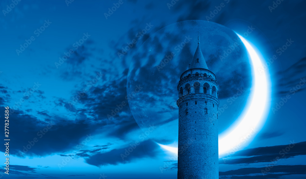 Night sky with moon in the clouds - Galata Tower with crescent moon ...