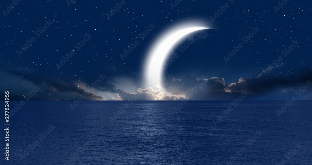 Night sky with crescent moon in the clouds "Elements of this image ...