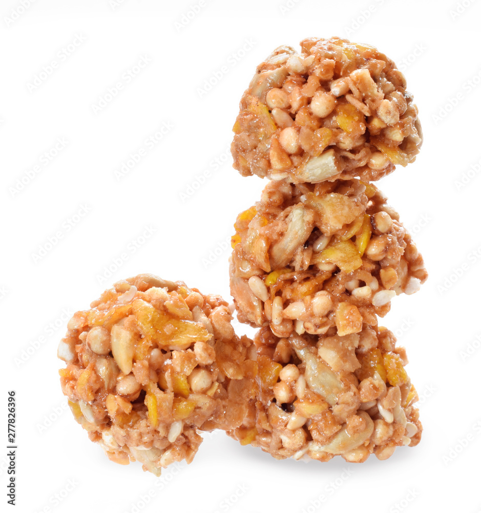 Cereal crunchy snacks with seeds and nuts in stack isolated on white ...