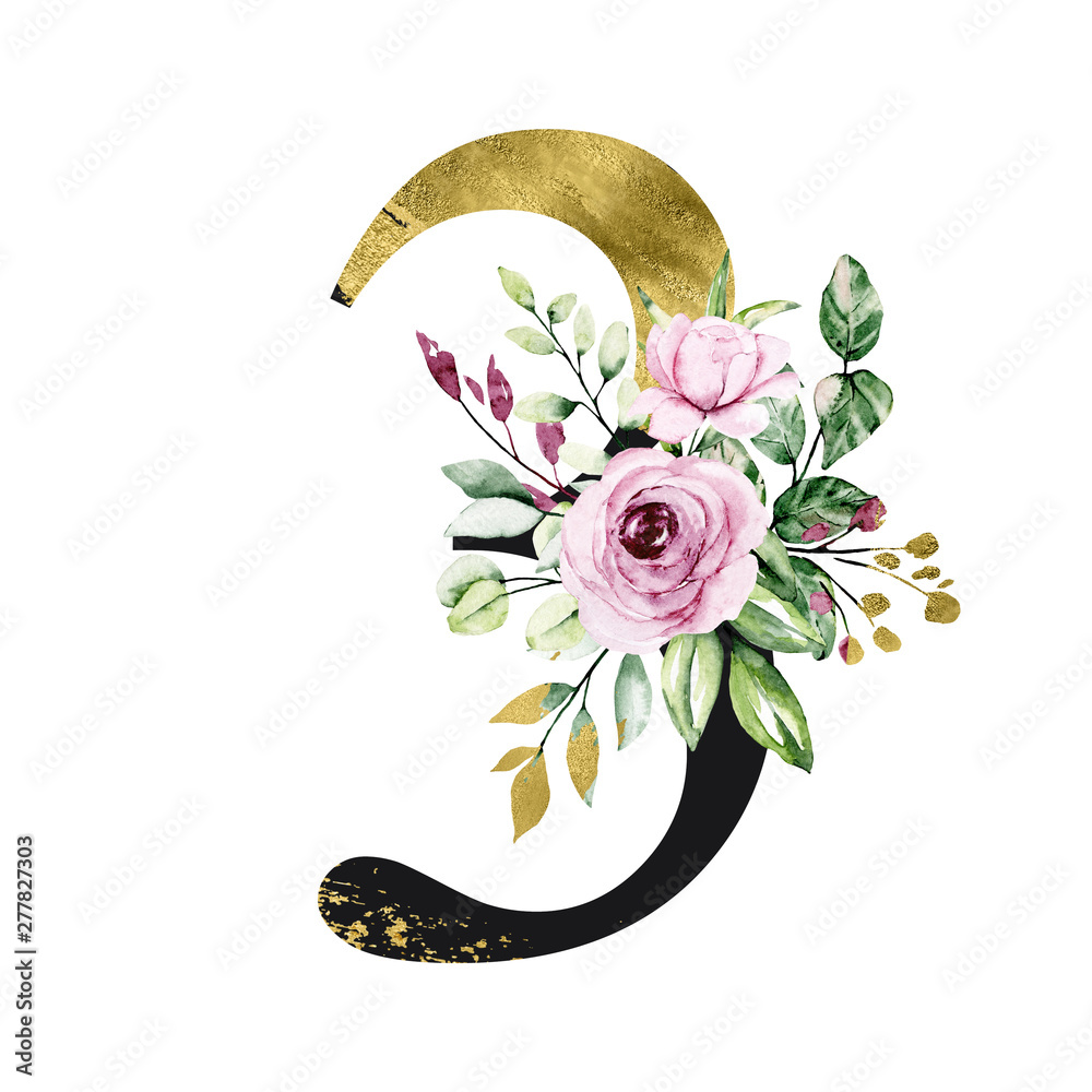 Number 3 gold black with watercolor flowers roses and leaf. Perfectly ...