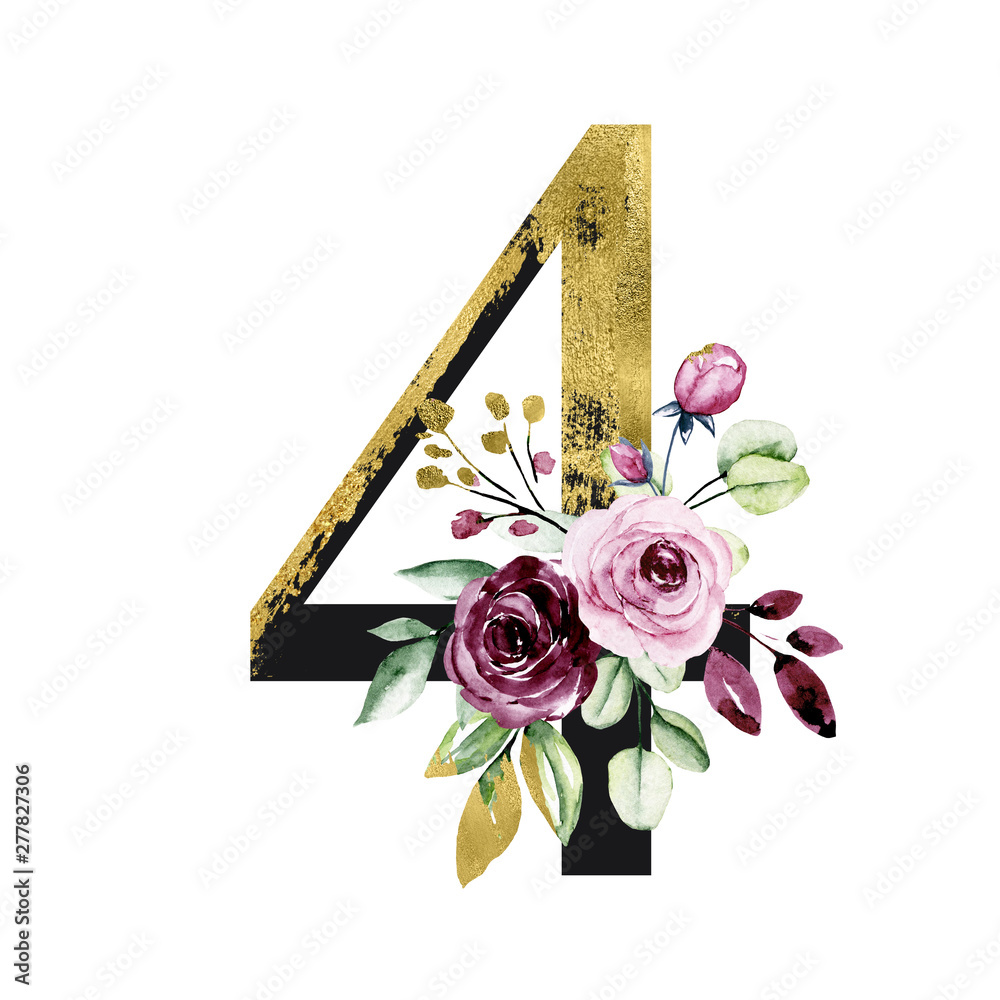 ภาพประกอบสต็อก Number 4 gold black with watercolor flowers roses and ...