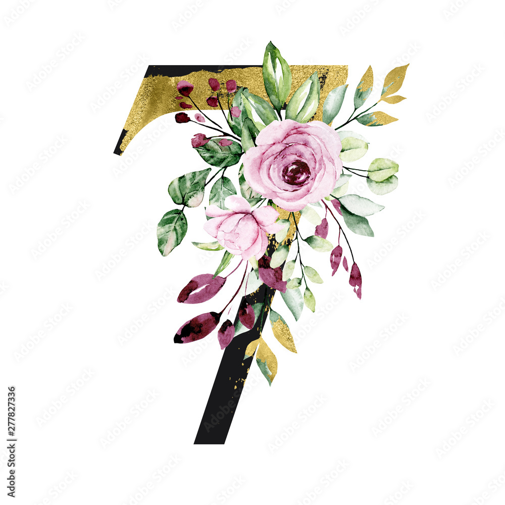 Number 7 gold black with watercolor flowers roses and leaf. Perfectly ...