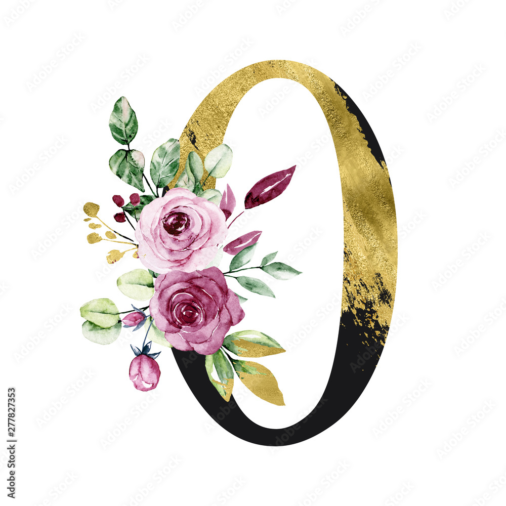 Number zero gold black with watercolor flowers roses and leaf ...