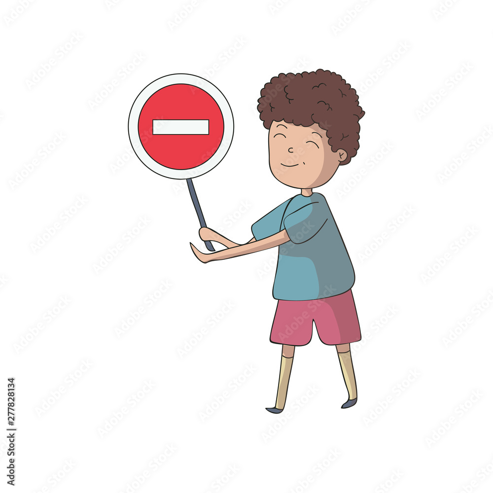 Boy holding a traffic sign is prohibited. Vector illustration isolated ...