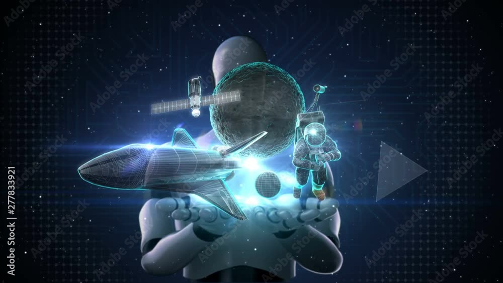 Robot, cyborg opens two palms, spread space science, astronaut, ship ...