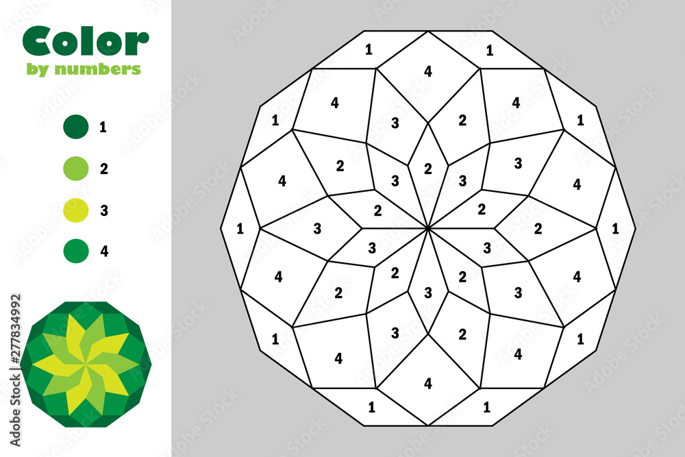 Green mandala in cartoon style, color by number, education paper game ...