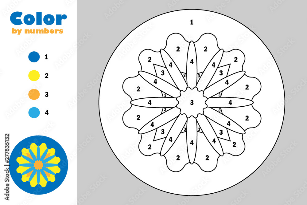 Mandala in cartoon style, color by number, education paper game for the ...