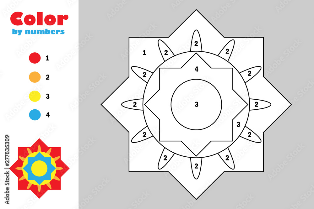 Colorful mandala in cartoon style, color by number, education paper ...