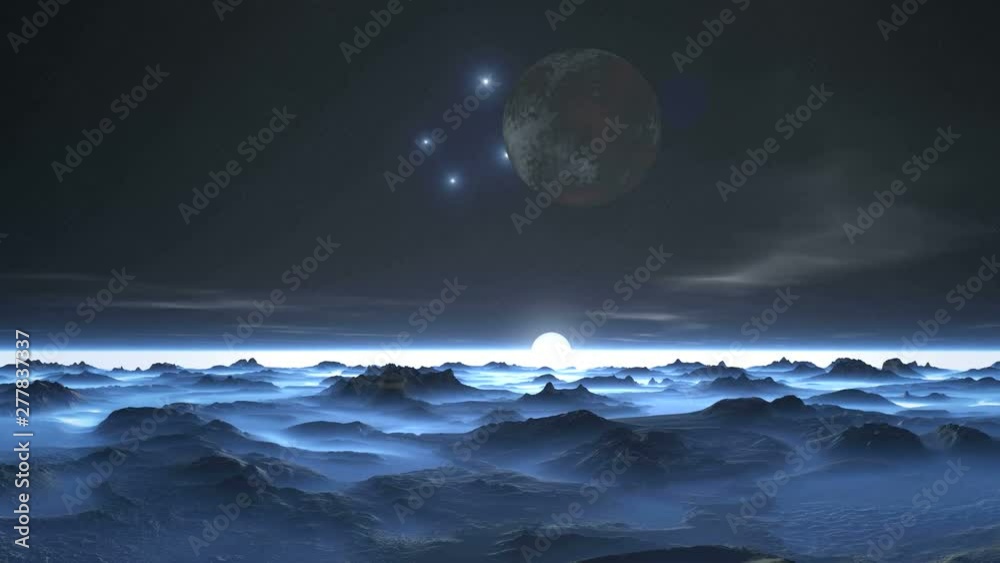 Moon and Stars over Alien Planet. In the dark starry sky, the planet ...