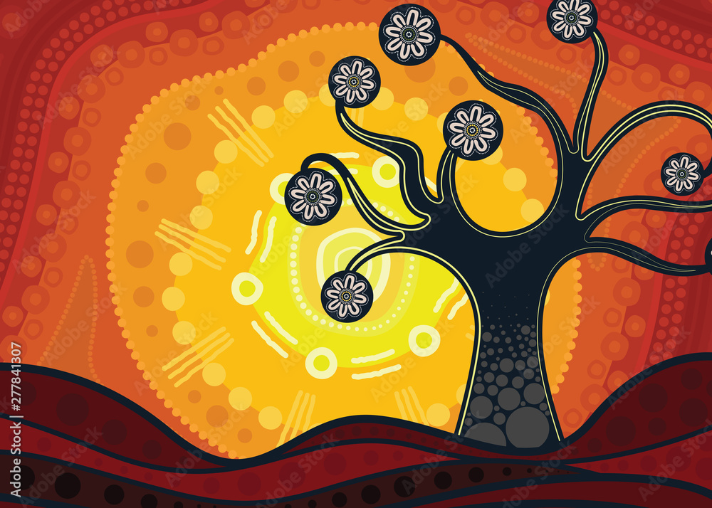 Tree on the hill, An illustration based on aboriginal style of ...