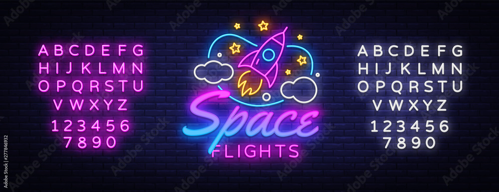 Space Flights Neon Text Vector. Space neon sign, design template ...