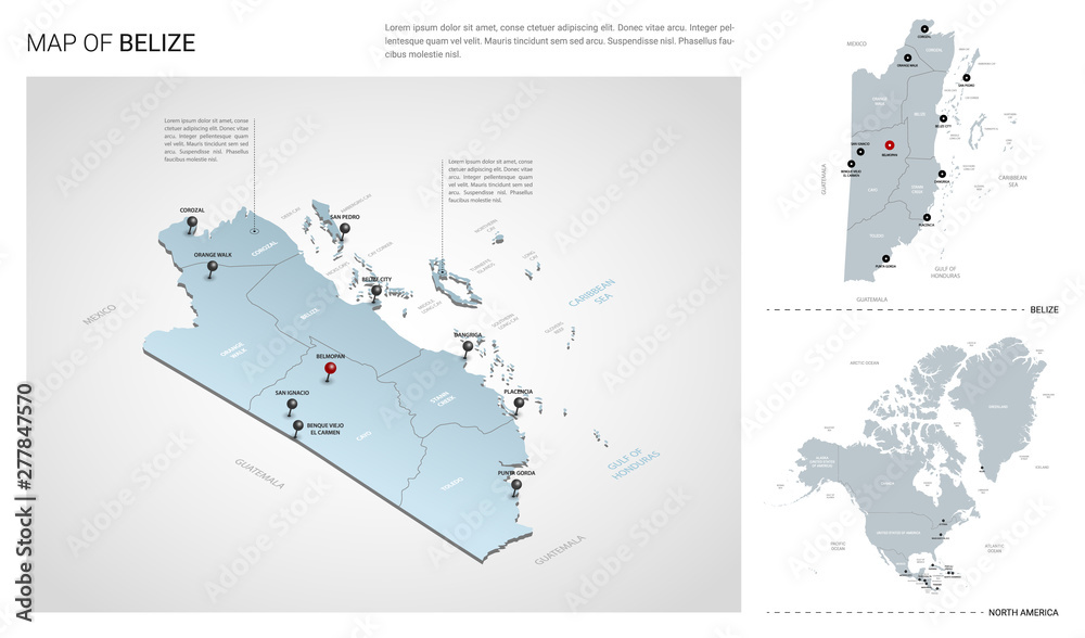 Vector set of Belize country. Isometric 3d map, Belize map, North ...