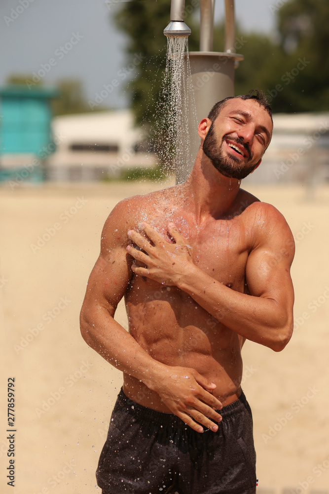 Beach, Abs , Guy. Man. Model. Shower, wash Male. Beach, Resort. Summer ...