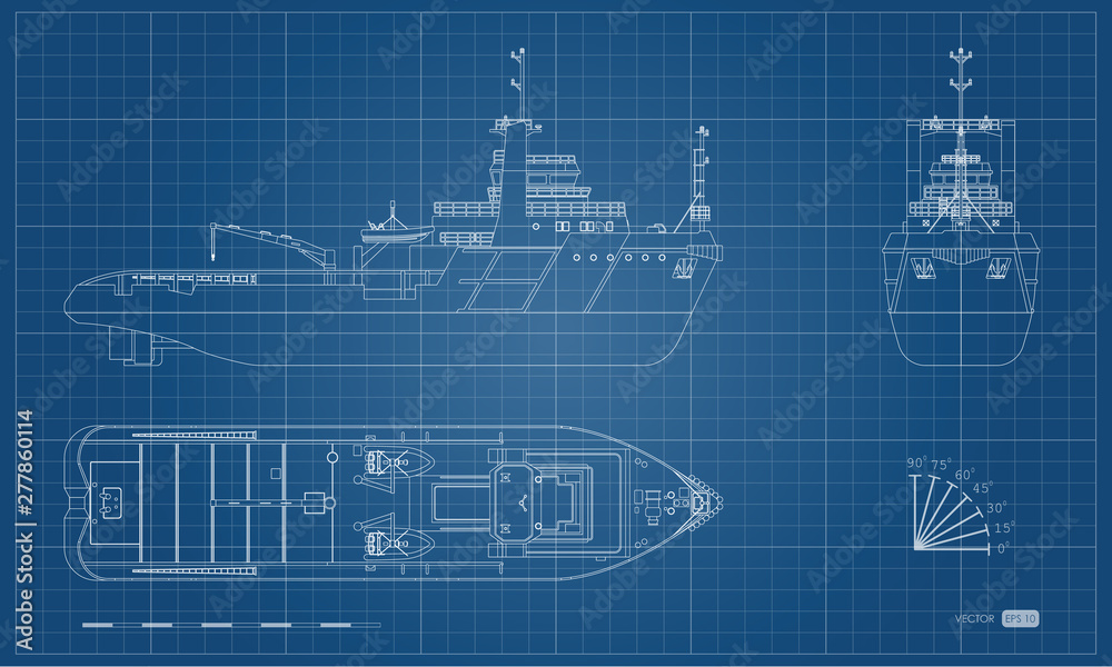 Blueprint of rescue ship. Top, side and front view. Industry outline ...