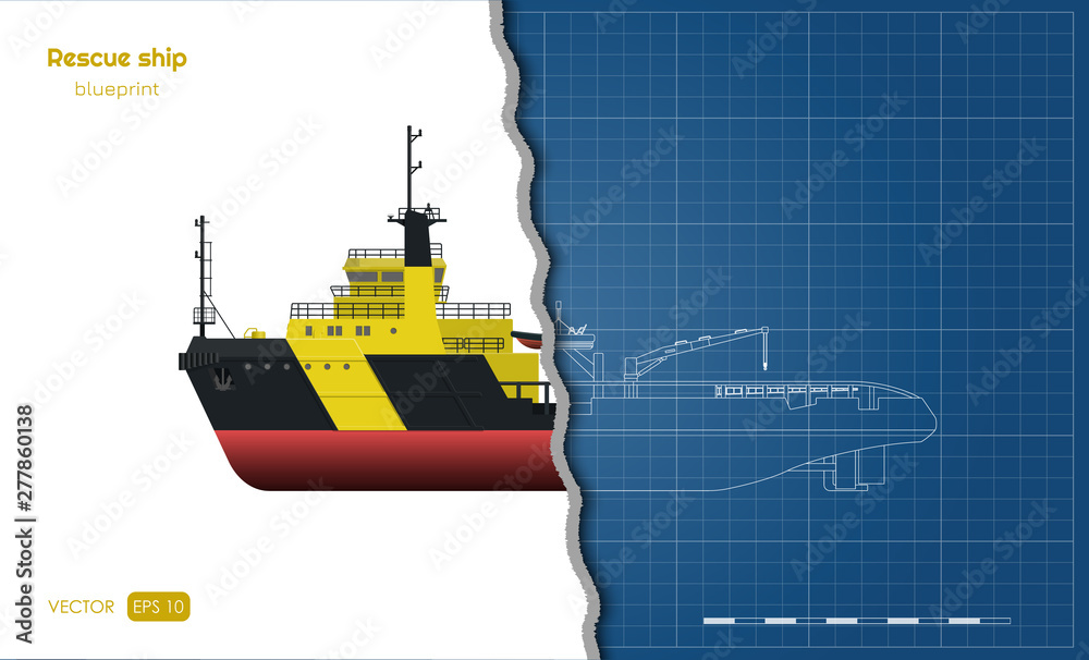 Outline blueprint of rescue ship on white background. Top, side and ...