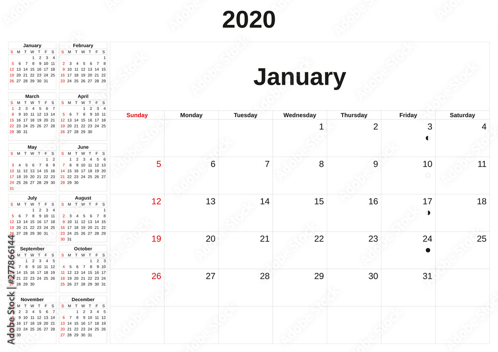 2020 a monthly calendar with white background. Stock Illustration ...