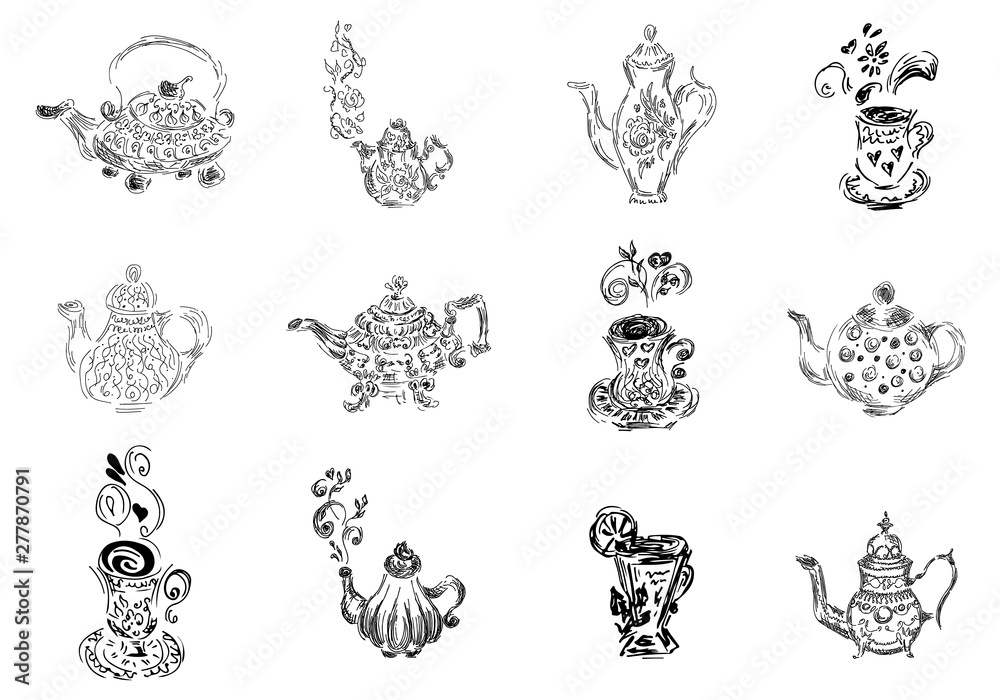 Retro line art teapot and teacup set isolated on white background ...