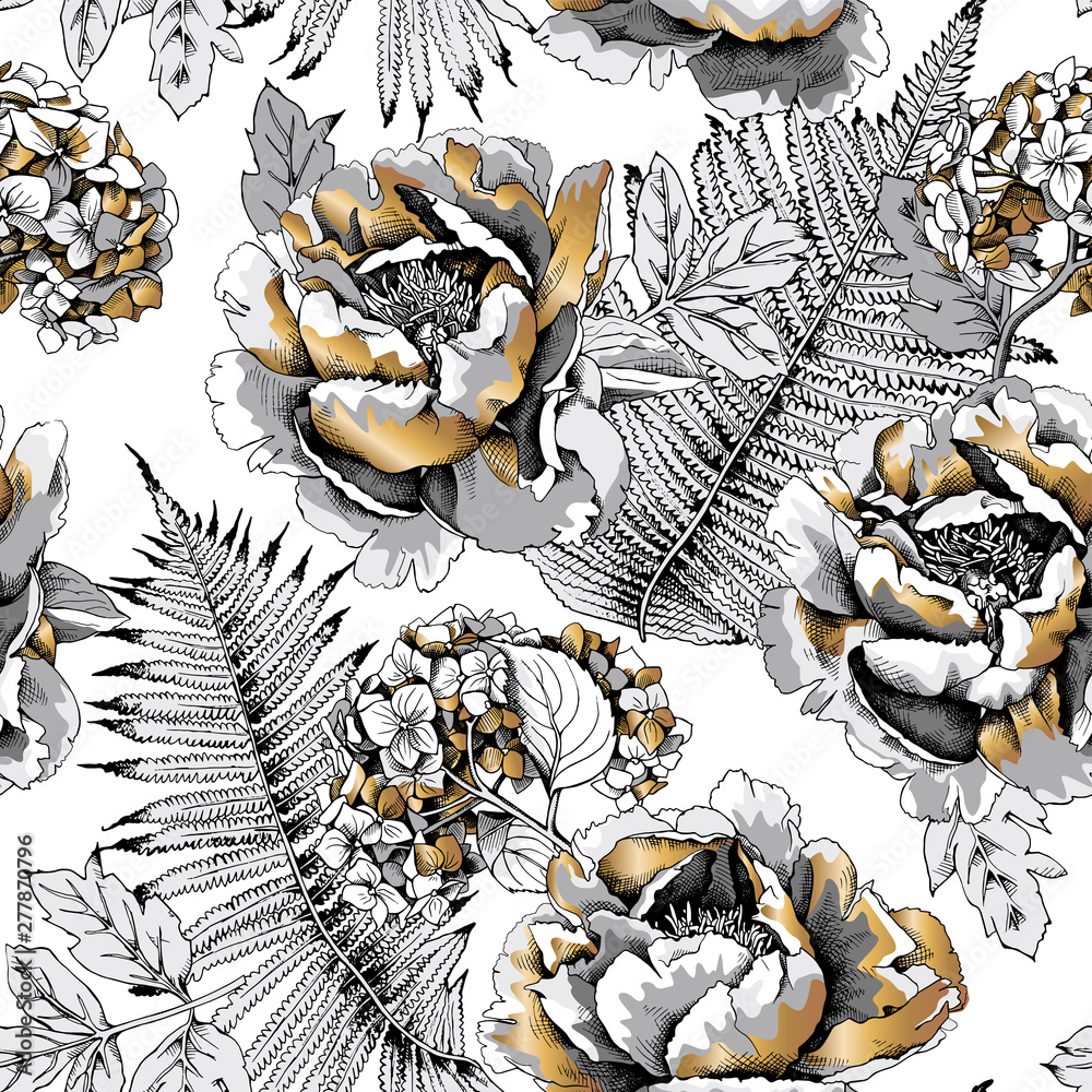 Floral Seamless pattern with image of a gold Peony, Hydrangea flowers ...