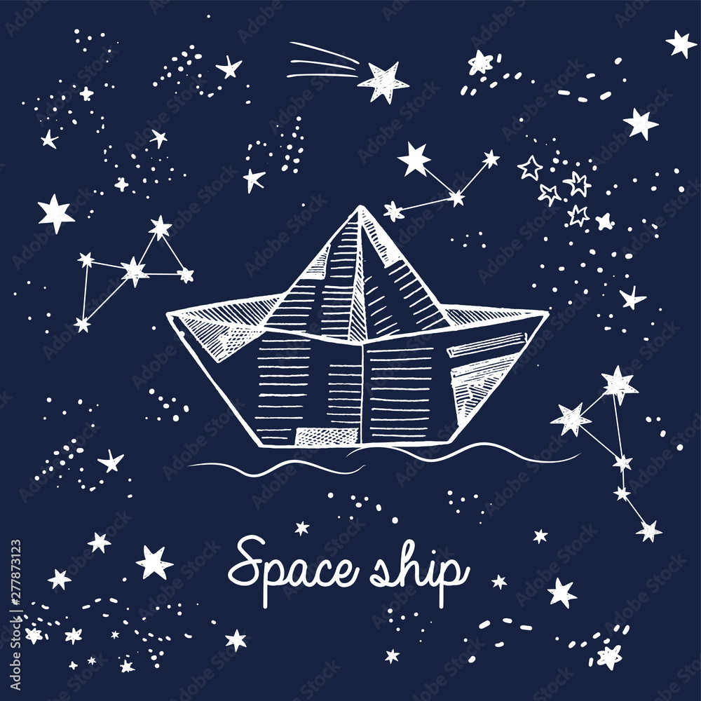 Vector illustration of doodle paper boat sailing in cosmos among stars ...