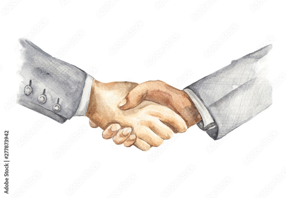 Watercolor drawing painting of businessman handshake. Two men shaking ...
