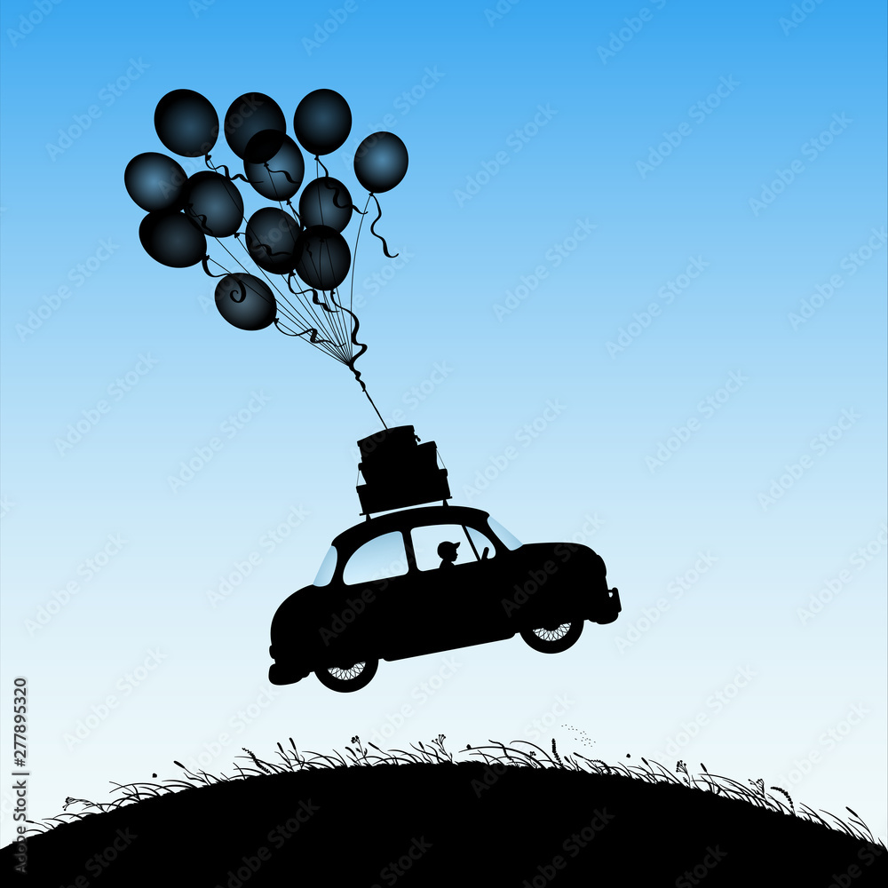 Cartoon retro car flies on balloons. Funny vector illustration with ...