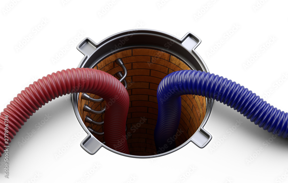 Sewer hatch with open lid manhole hole cover and red, blue crimped ...