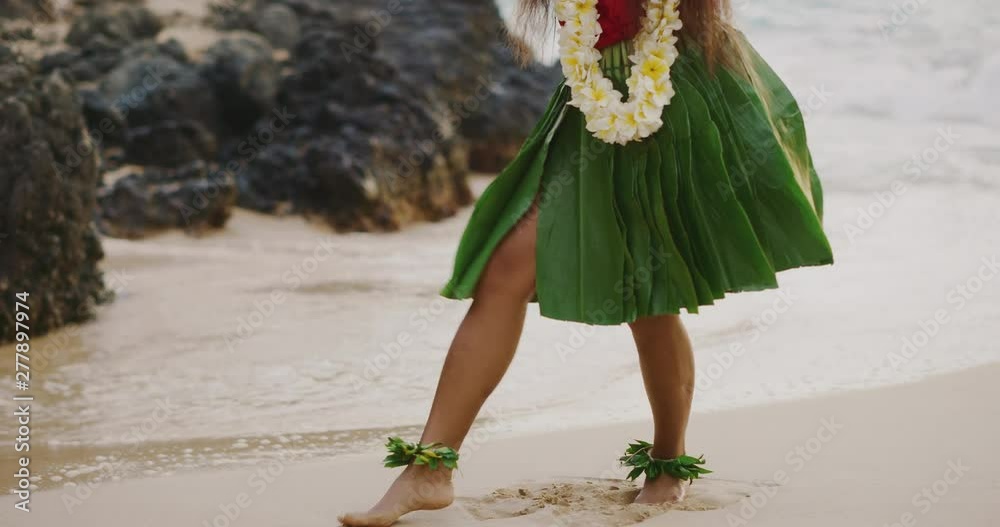 Shot of a Hula dancer's legs with a ti leaf skirt and ankle haku lei's ...