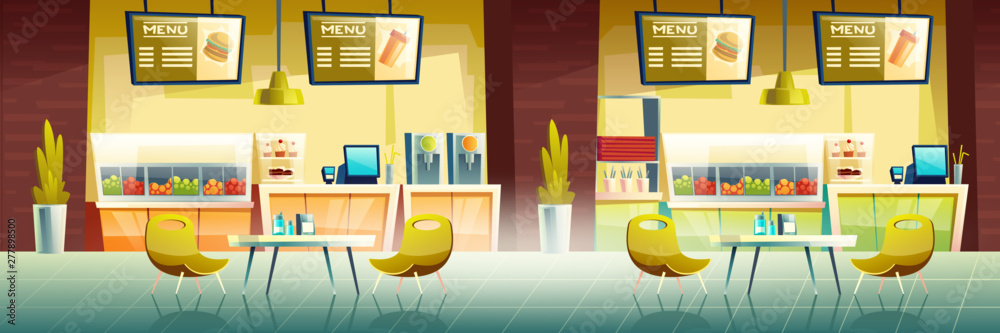 Fast food cafe interior with cashier desks, showcases, burgers and ...