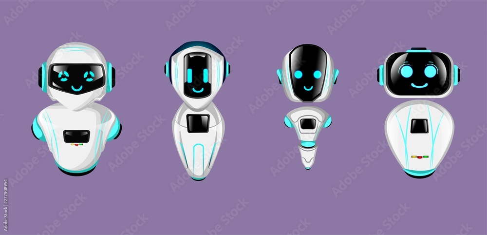 Group of modern robots isolated background cute cartoon character ...