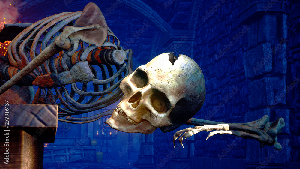 Human skeleton in medieval dungeon 3d rendering Stock Illustration ...
