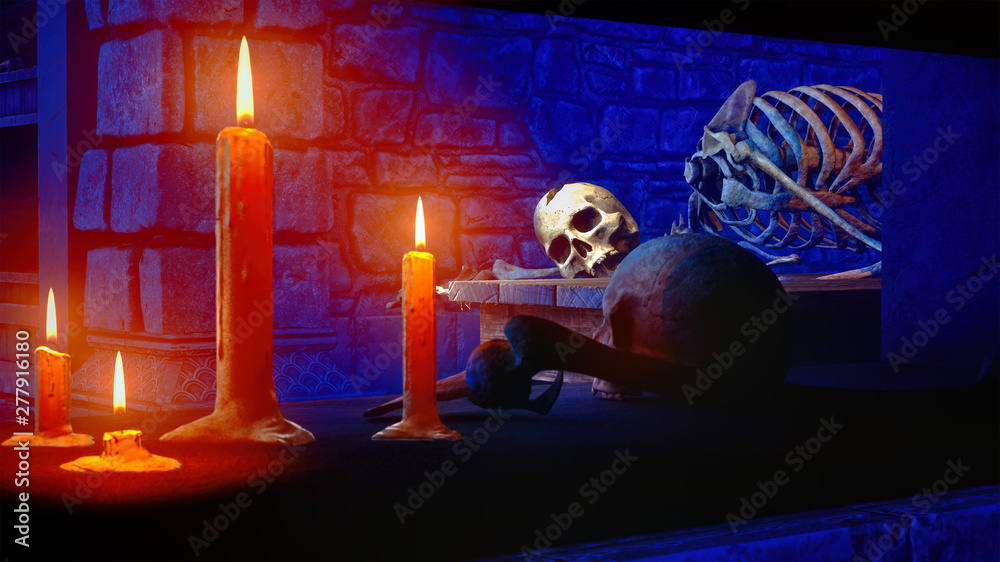 Human skeleton in medieval dungeon 3d rendering Stock Illustration ...
